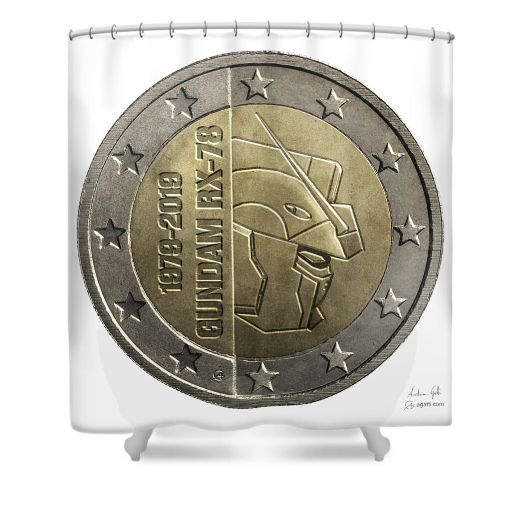 Gundam 40 Coin Dark Gray Shower Curtain - Gundam Merch
